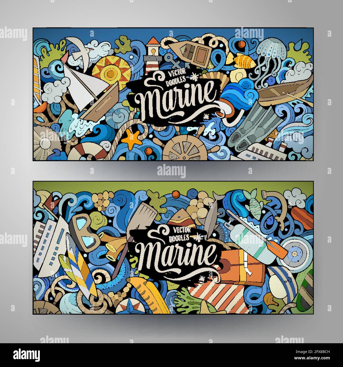 Cartoon cute colorful vector doodles Marine banners Stock Vector Image ...
