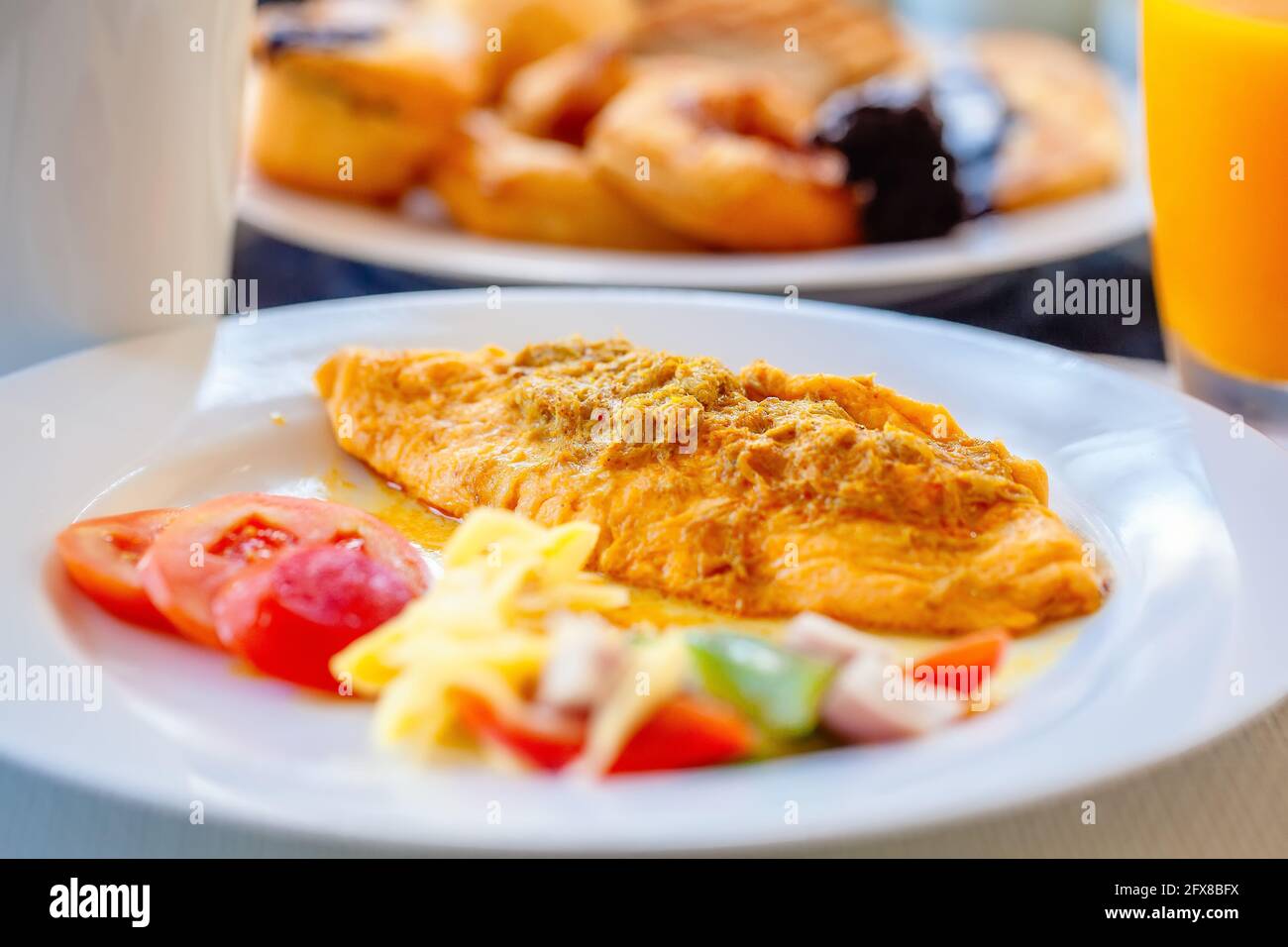 Breakfast Buffet in Luxury Hotel, Omelette, Vegetables and Fresh Buns ...