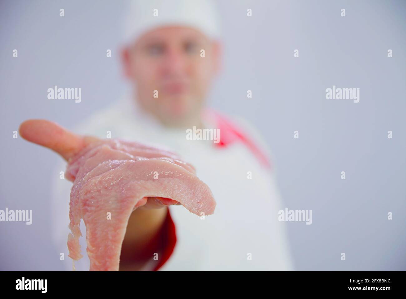 Shallow focus of a butcher holding a piece of freshly cut turkey meat ...