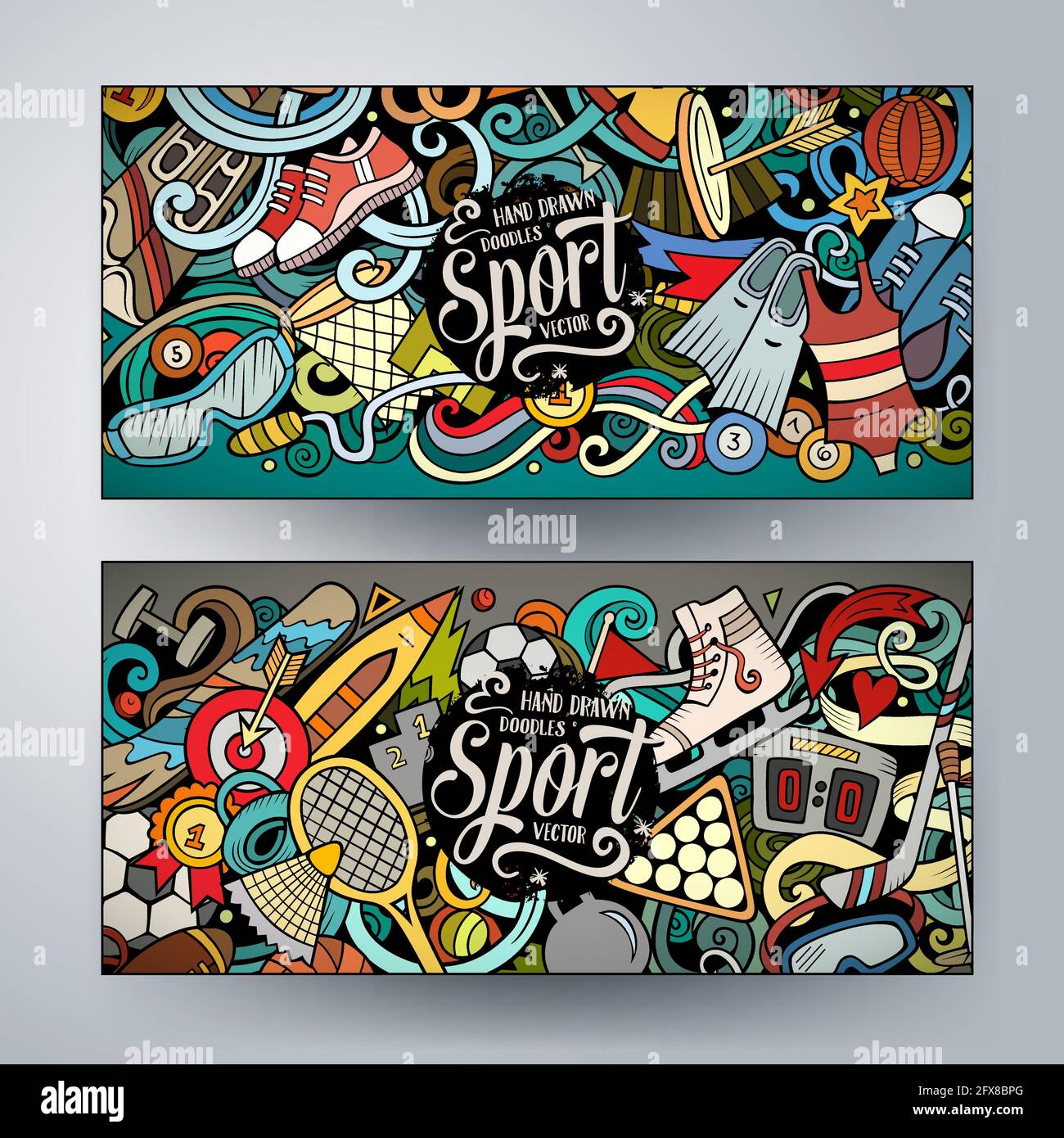 Sports hand drawn doodle banners set. Cartoon detailed flyers Stock ...