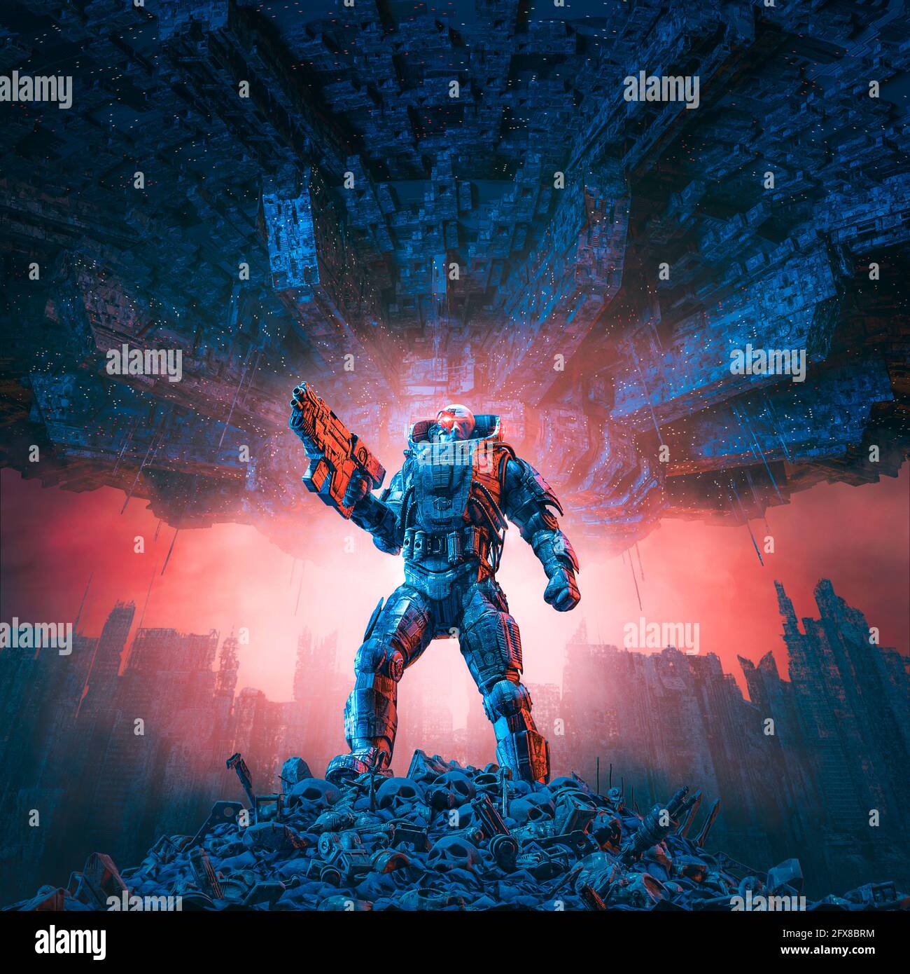 Cyberpunk soldier city warfare / 3D illustration of science fiction ...