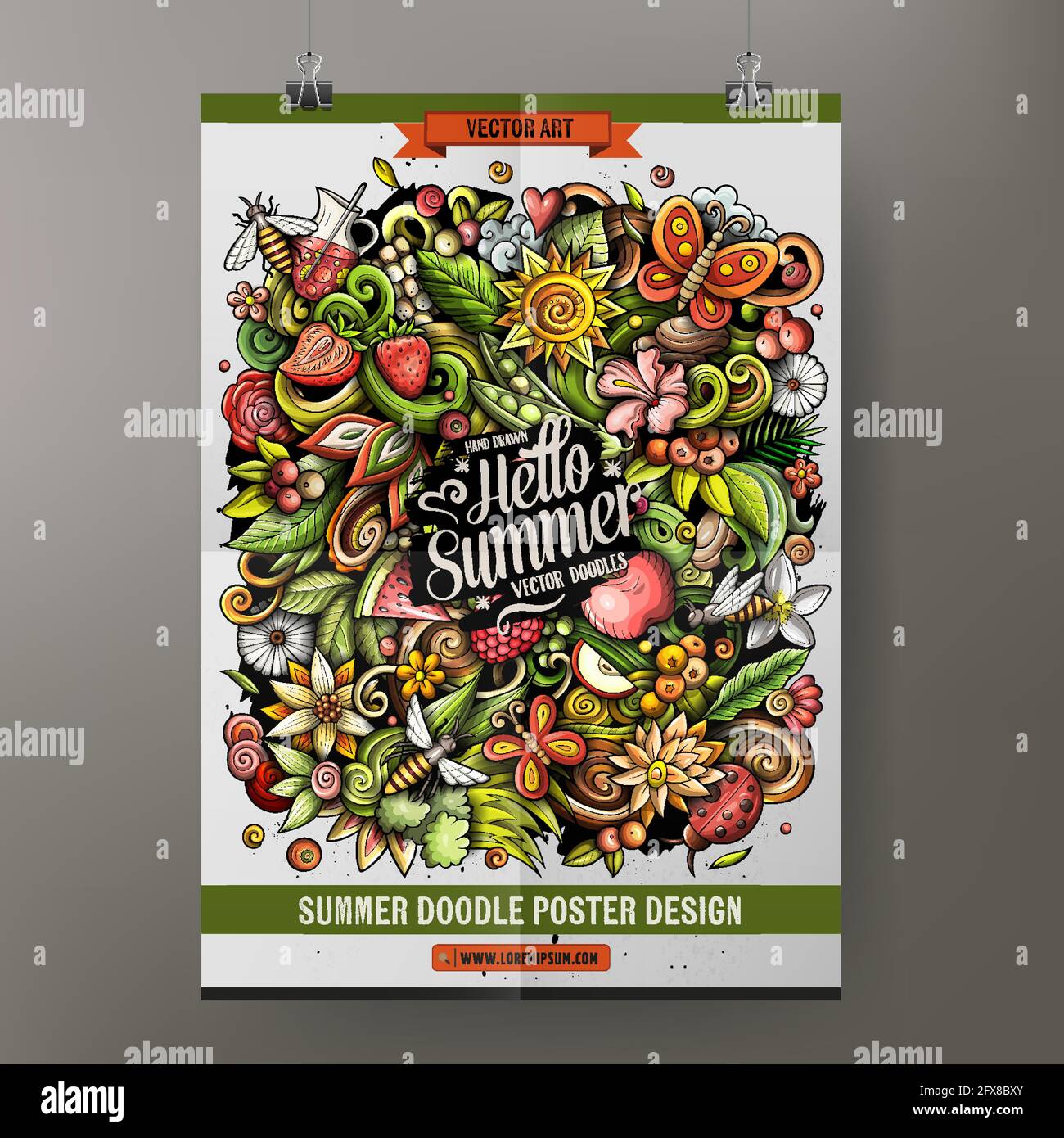 Cartoon colorful hand drawn doodles Summer nature poster template Stock ...