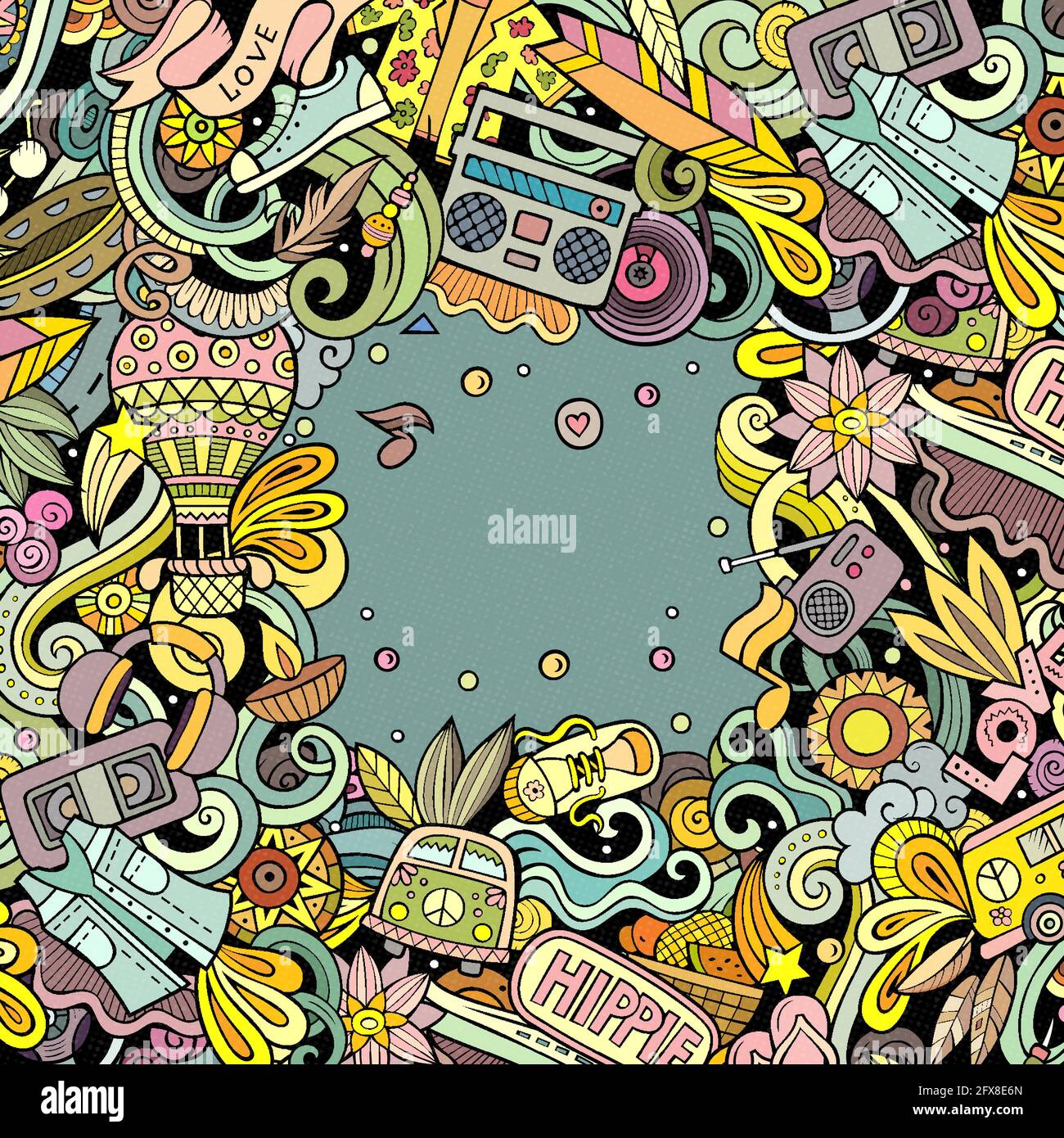 Hippie hand drawn vector doodles illustration. Hippy frame card design Stock Vector Image & Art ...