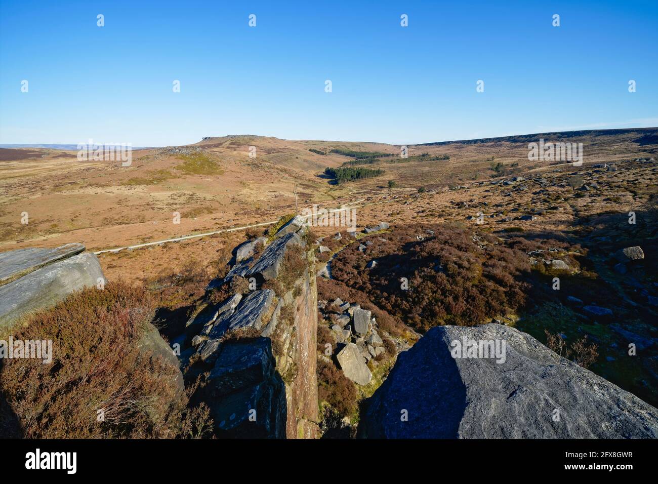 Blue spring skies over Burbage Valley seen from high on Burbadge South ...