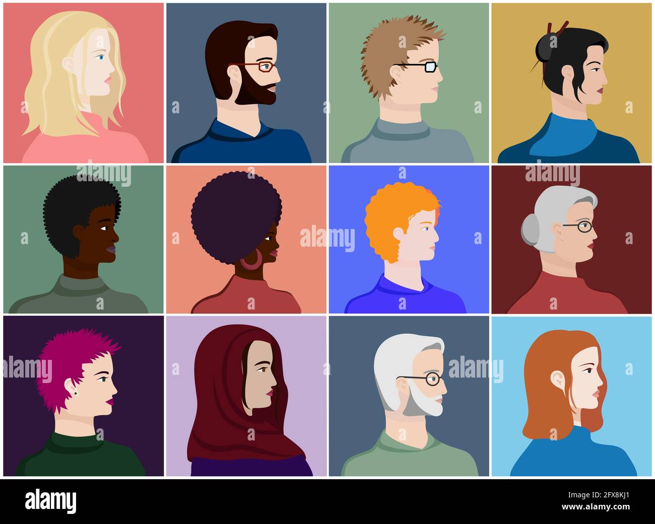 A set of people's faces in profile: men, women, young and elderly of ...