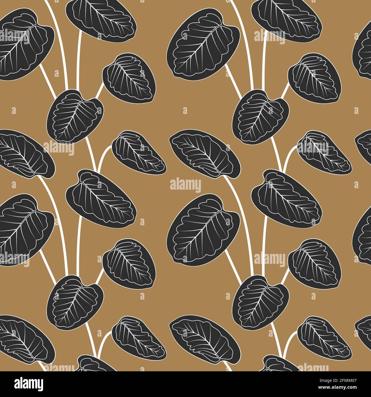 Tropical black calathea leaves white outline drawing seamless pattern ...