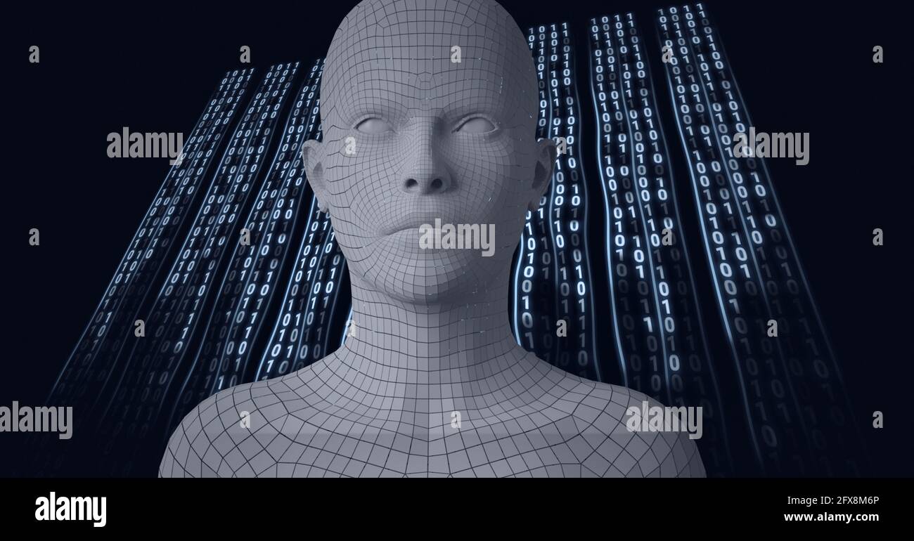 Composition of human bust formed with grey particles over binary coding ...