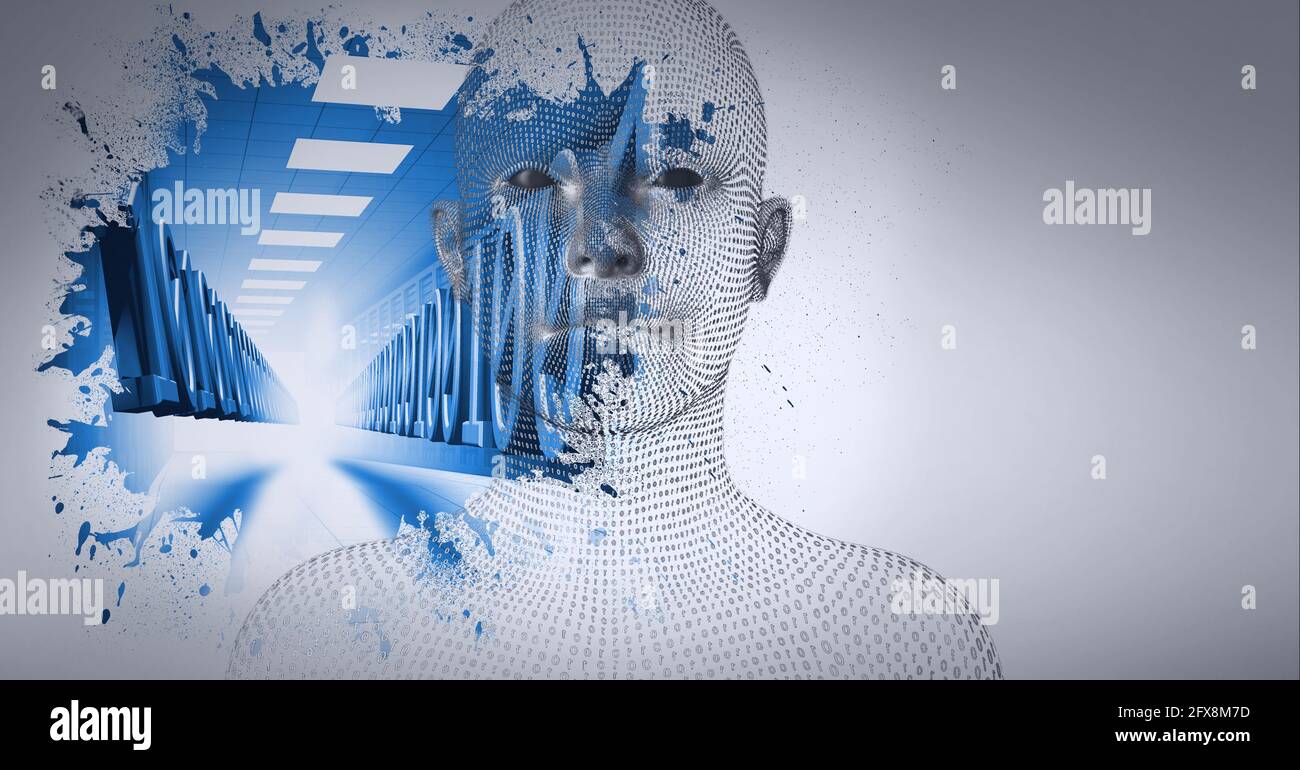 Composition of human bust over binary coding processing Stock Photo - Alamy