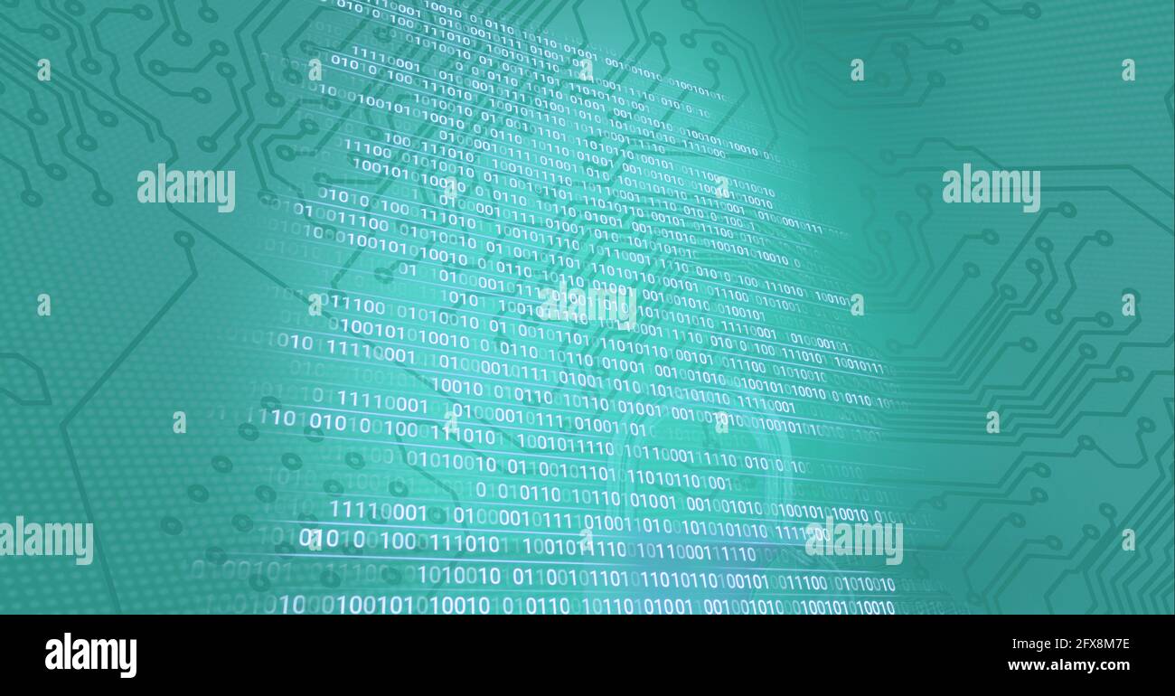 Composition of binary coding processing over computer circuit board Stock Photo - Alamy