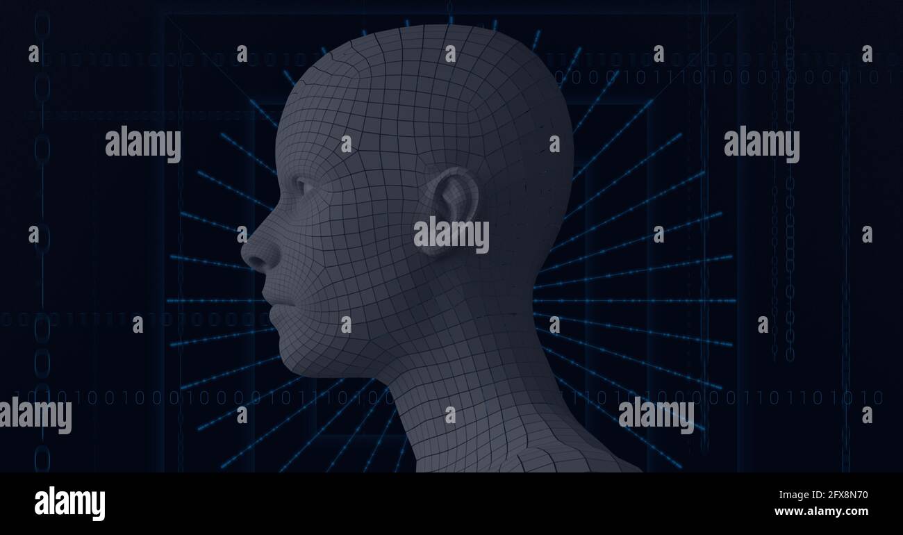 Composition of human head formed with grey particles and binary coding ...