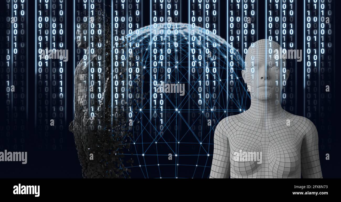 Composition Of Binary Coding Processing Over Human Busts And Globe