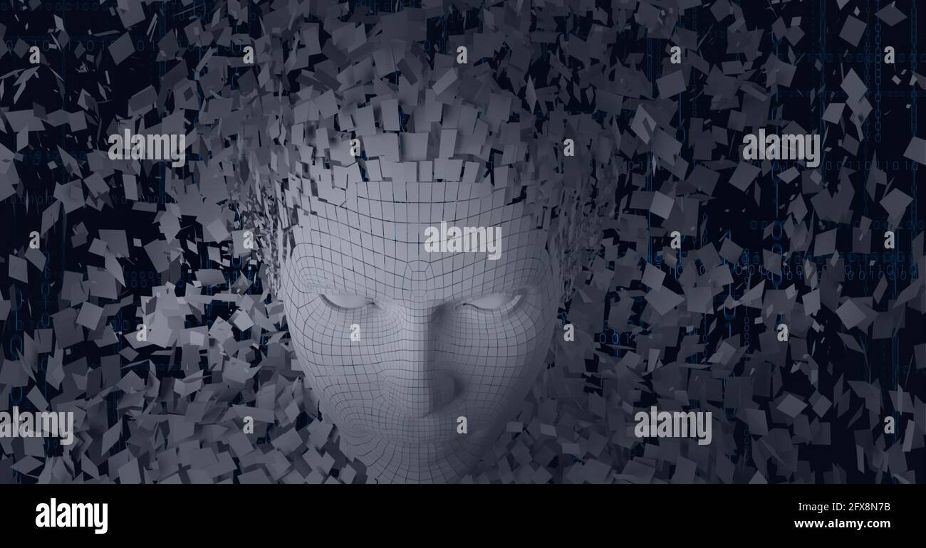 Composition of exploding human head formed with grey particles and data ...