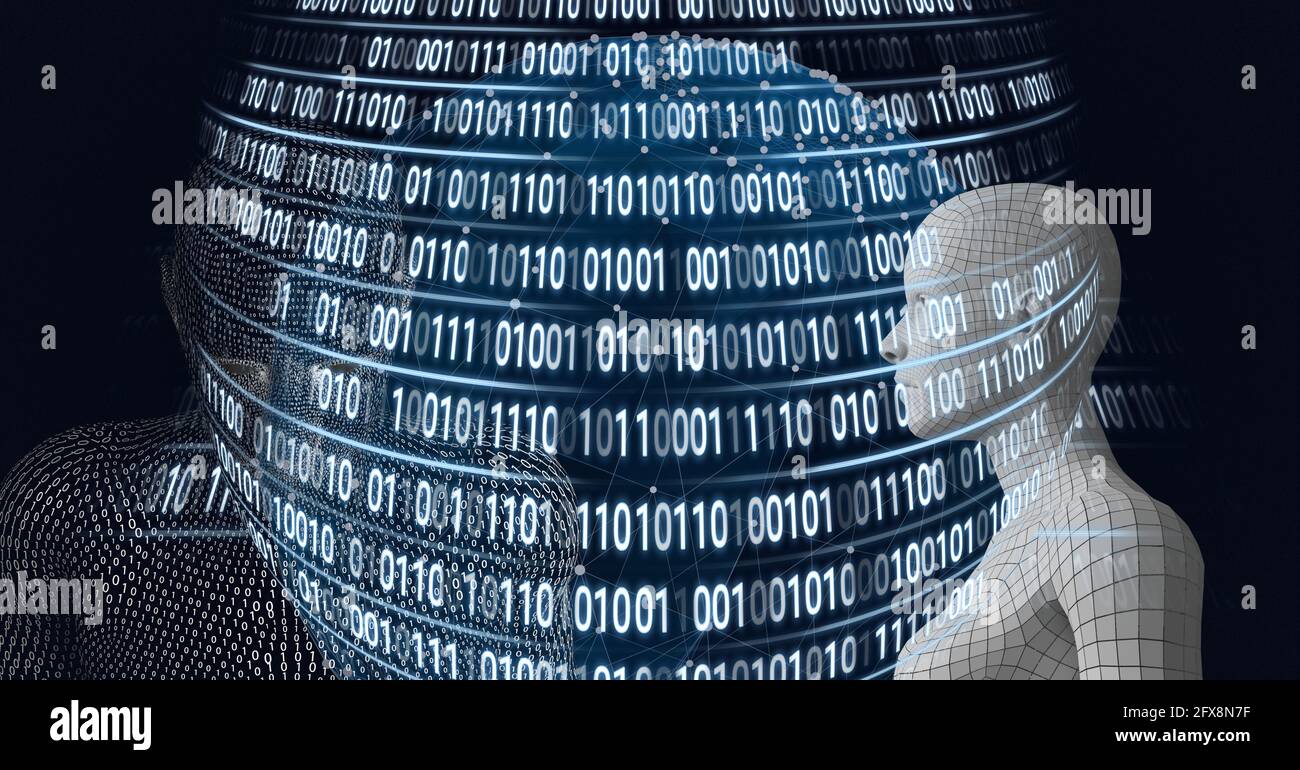 Composition Of Binary Coding Processing Over Human Busts And Globe