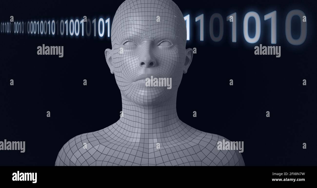 Composition of human head formed with grey particles and binary coding ...