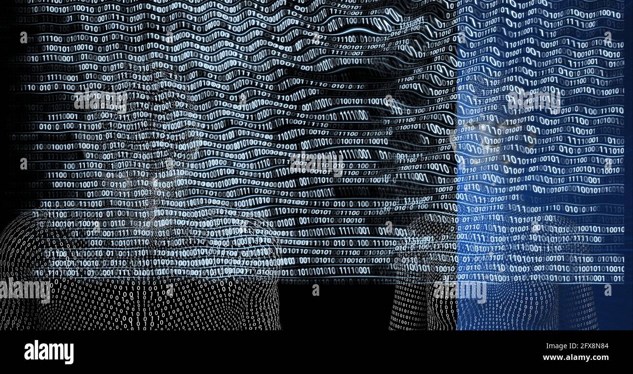Composition of binary coding processing over human busts Stock Photo - Alamy