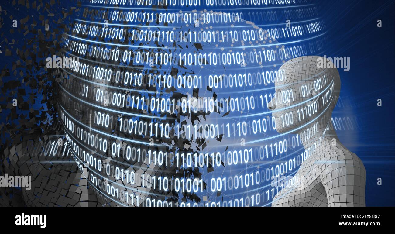 Composition of binary coding processing over exploding human busts and globe Stock Photo - Alamy