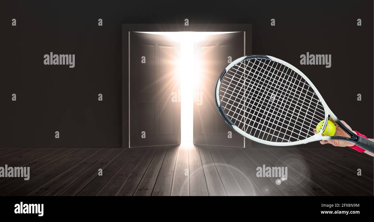 Composition of tennis player holding tennis racket and ball with light ...