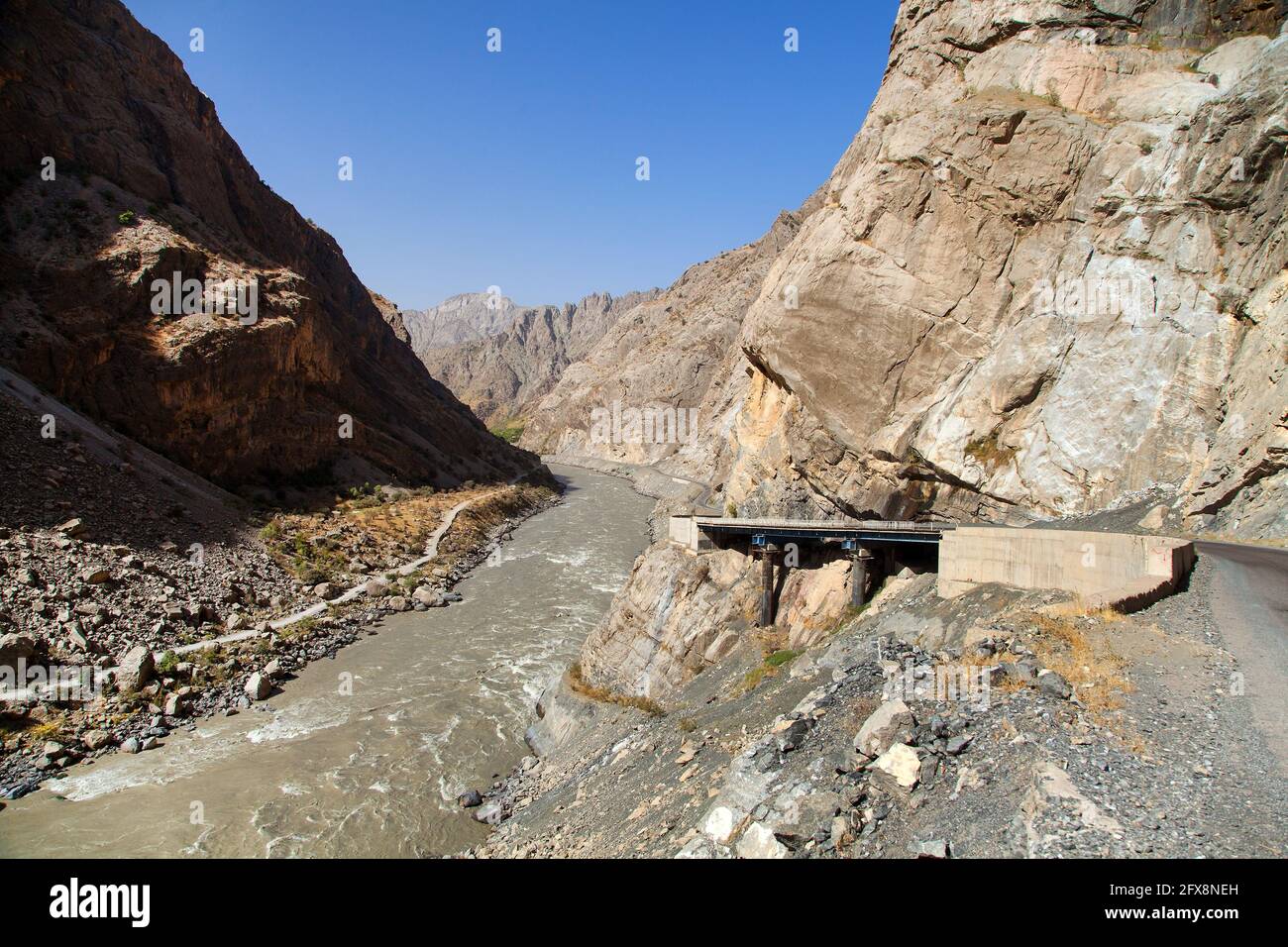Pamir highway M41 international road or pamirskij trakt. Panj river and ...