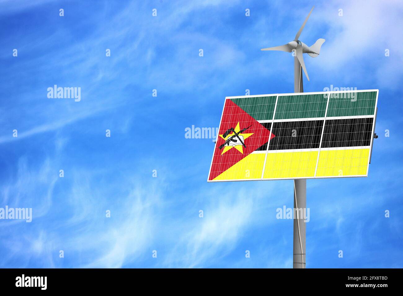 Solar panels against a blue sky with a picture of the flag of ...