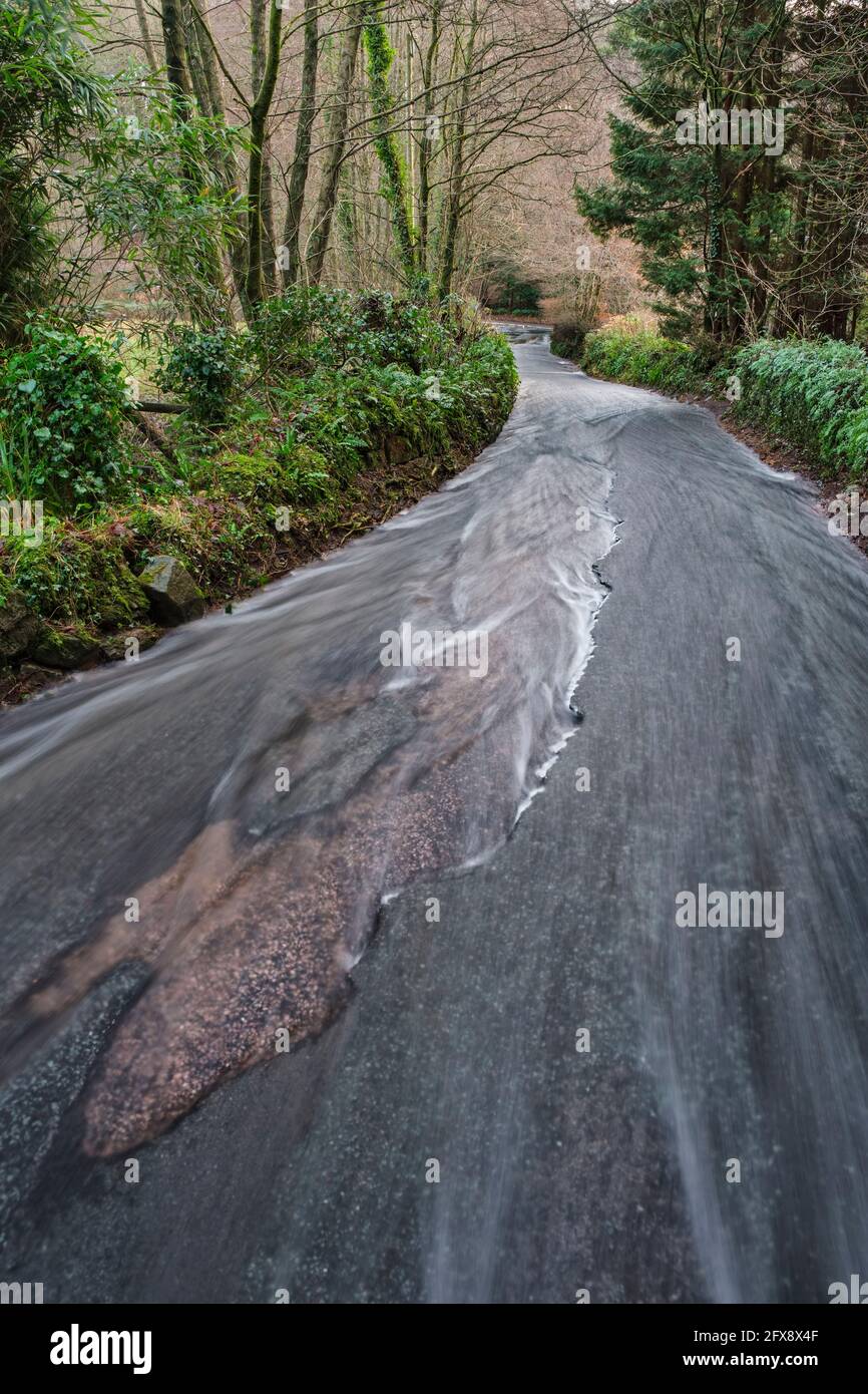 Rainwater flowing down the Trellech road towards Tintern Stock Photo ...
