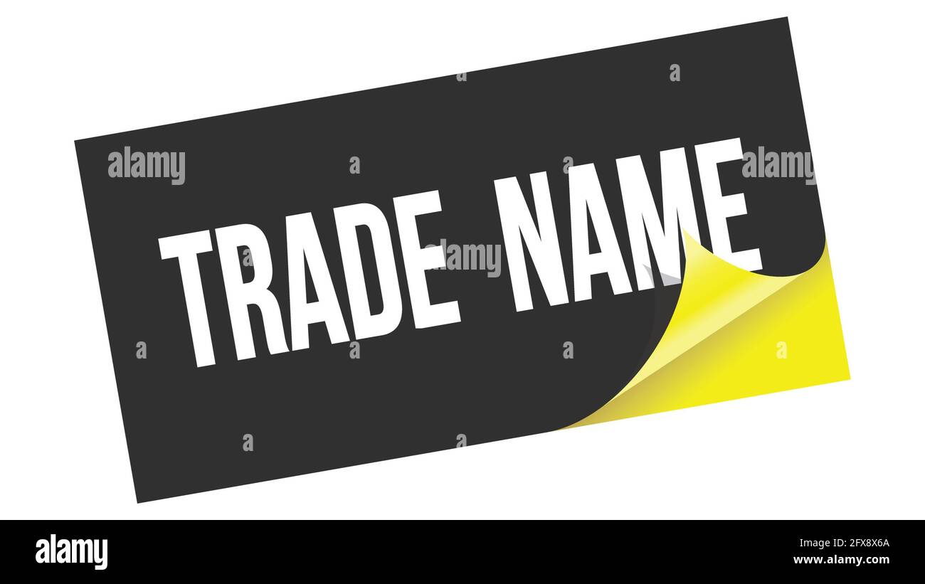 TRADE NAME text written on black yellow sticker stamp Stock Photo - Alamy
