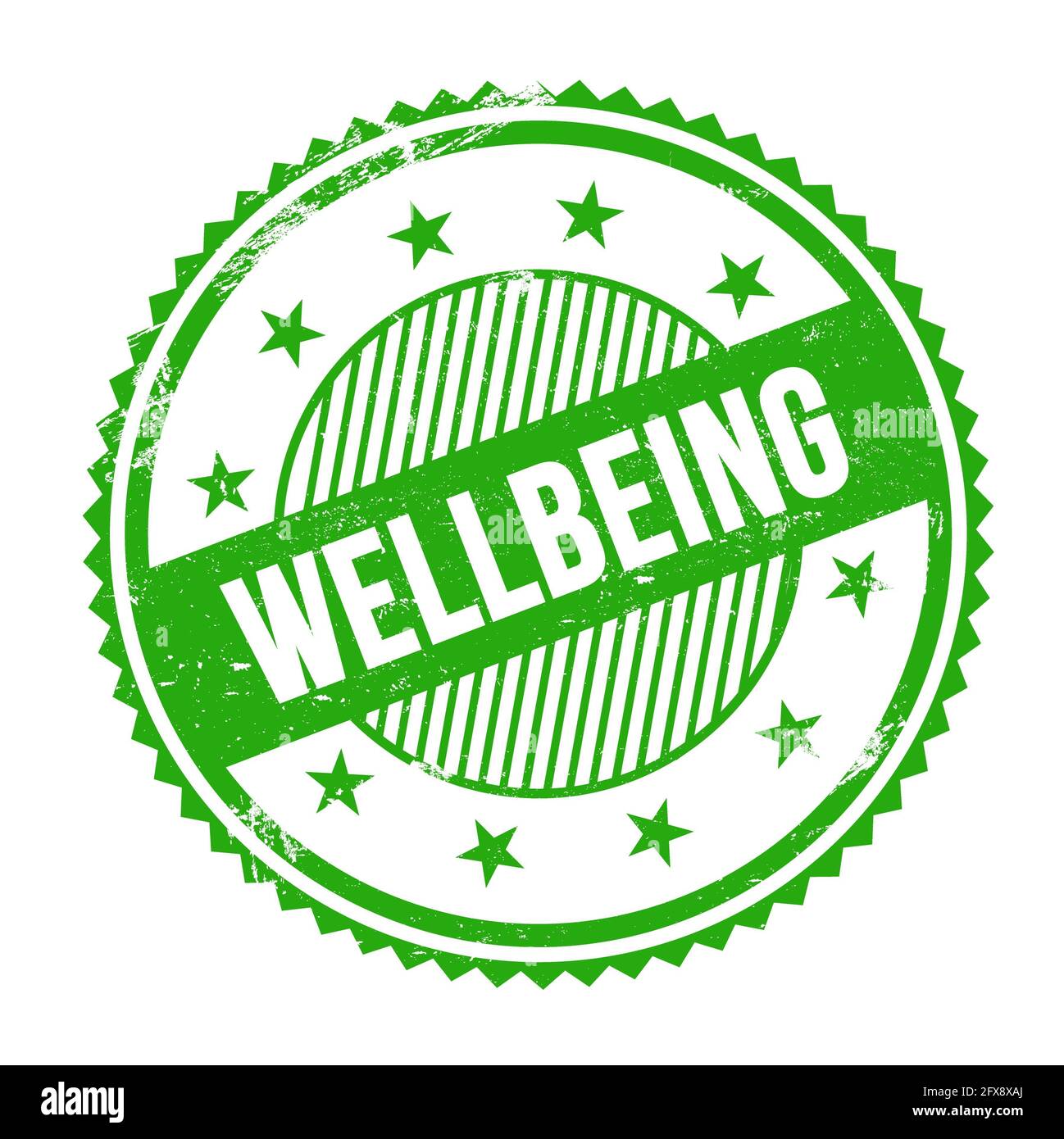 WELLBEING text written on green grungy zig zag borders round stamp ...