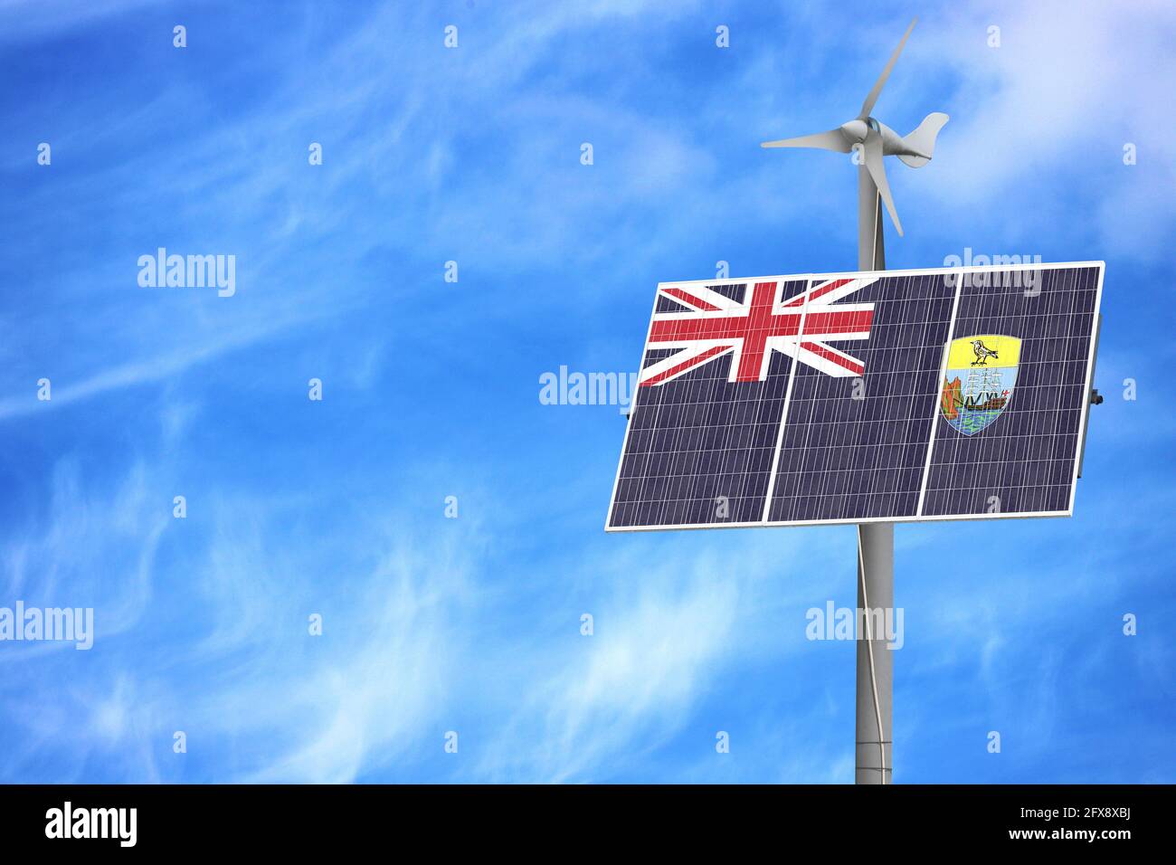 Solar panels against a blue sky with a picture of the flag of Saint ...