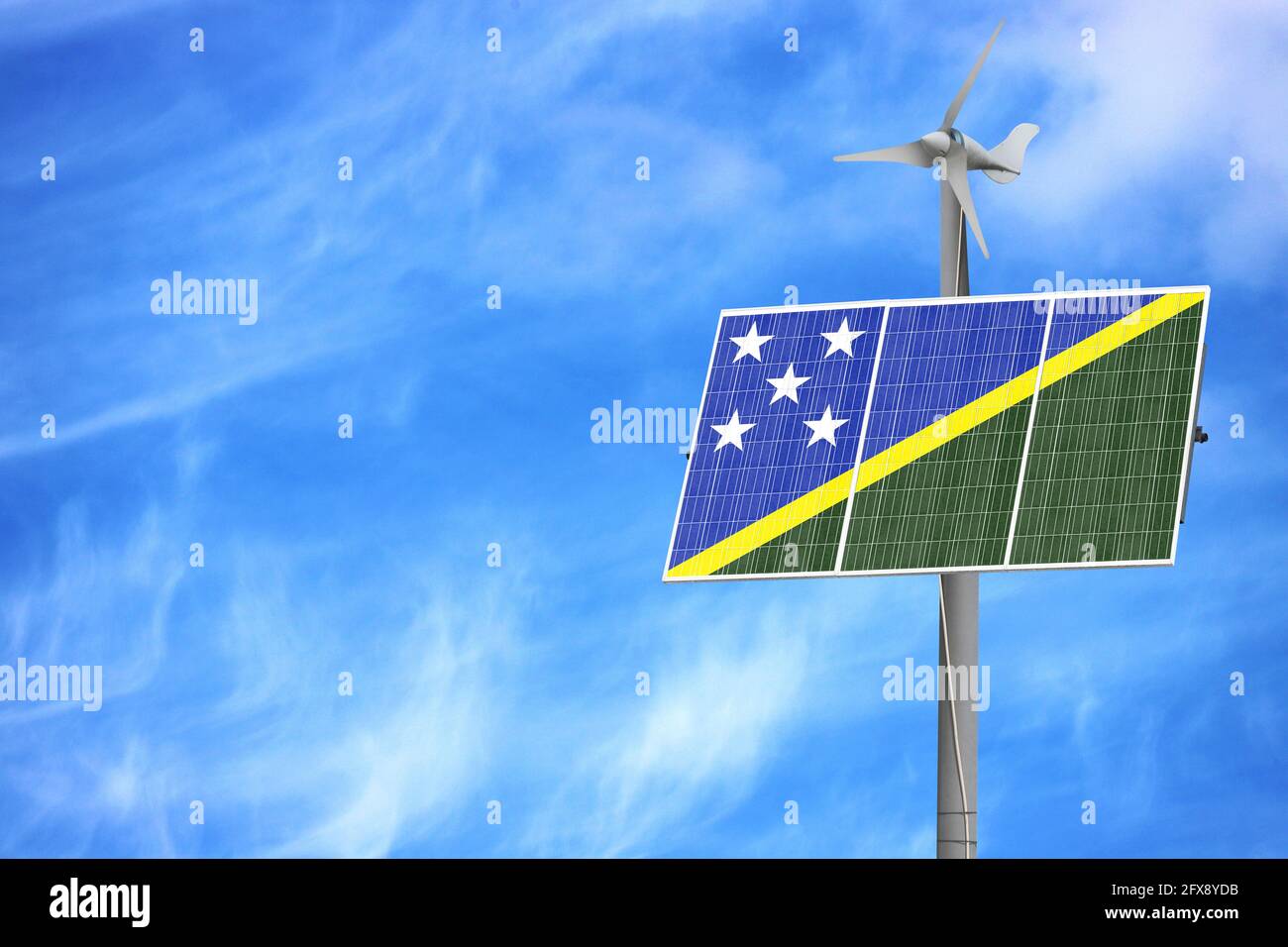 Solar panels against a blue sky with a picture of the flag of Solomon ...