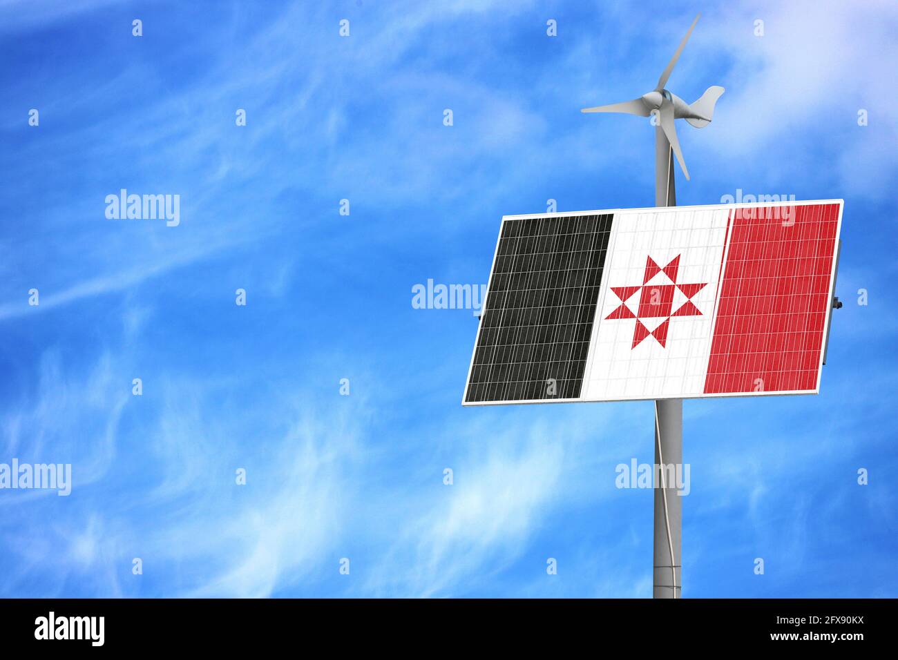 Solar panels against a blue sky with a picture of the flag of Udmurtia ...