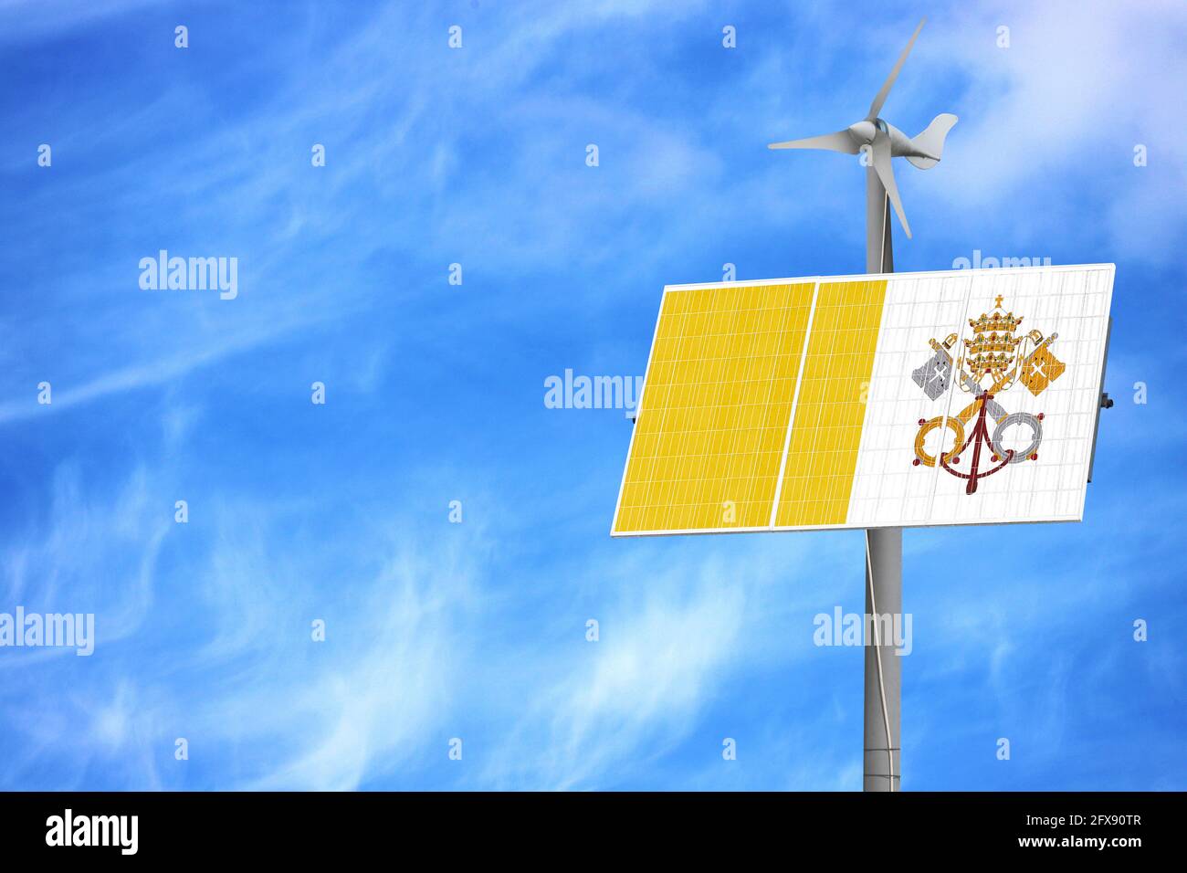 Solar panels against a blue sky with a picture of the flag of Vatican ...