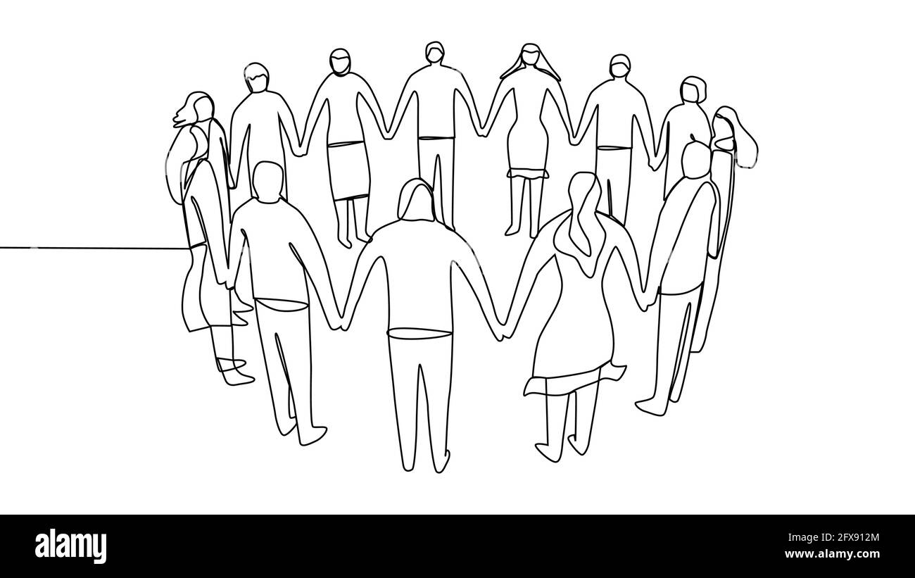 Continuous line drawing group of people sitting, standing, meeting and ...