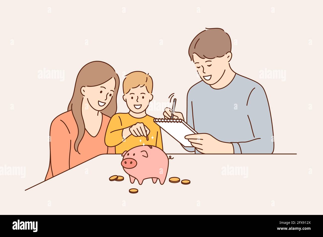 Family budget and saving money concept. Young positive family with ...