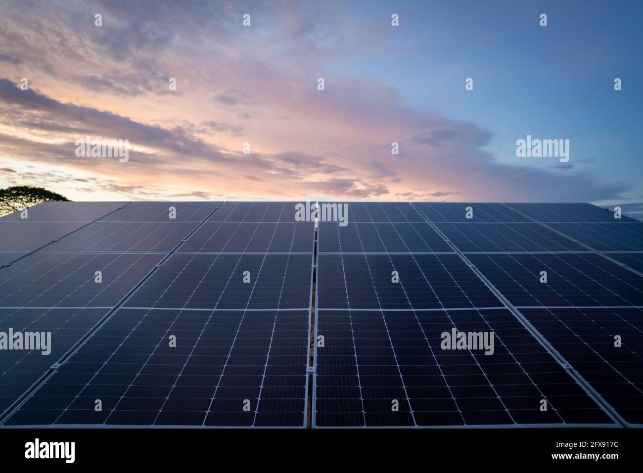 Solar panels against near sunset background. photovoltaic modules for ...