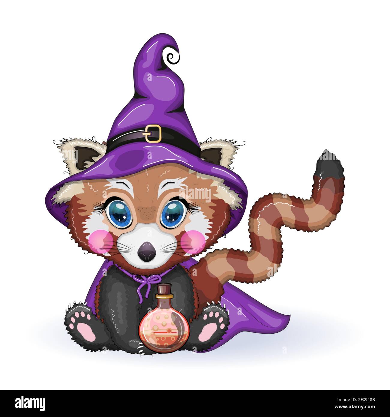 Cartoon red panda wearing purple witch hat with potion. Halloween ...