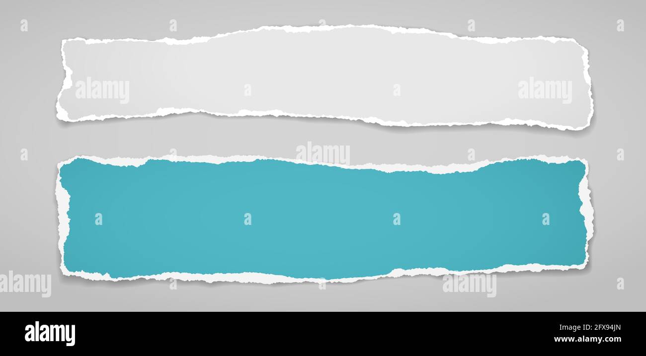 Torn, ripped horizontal white and turquoise paper strips with soft ...