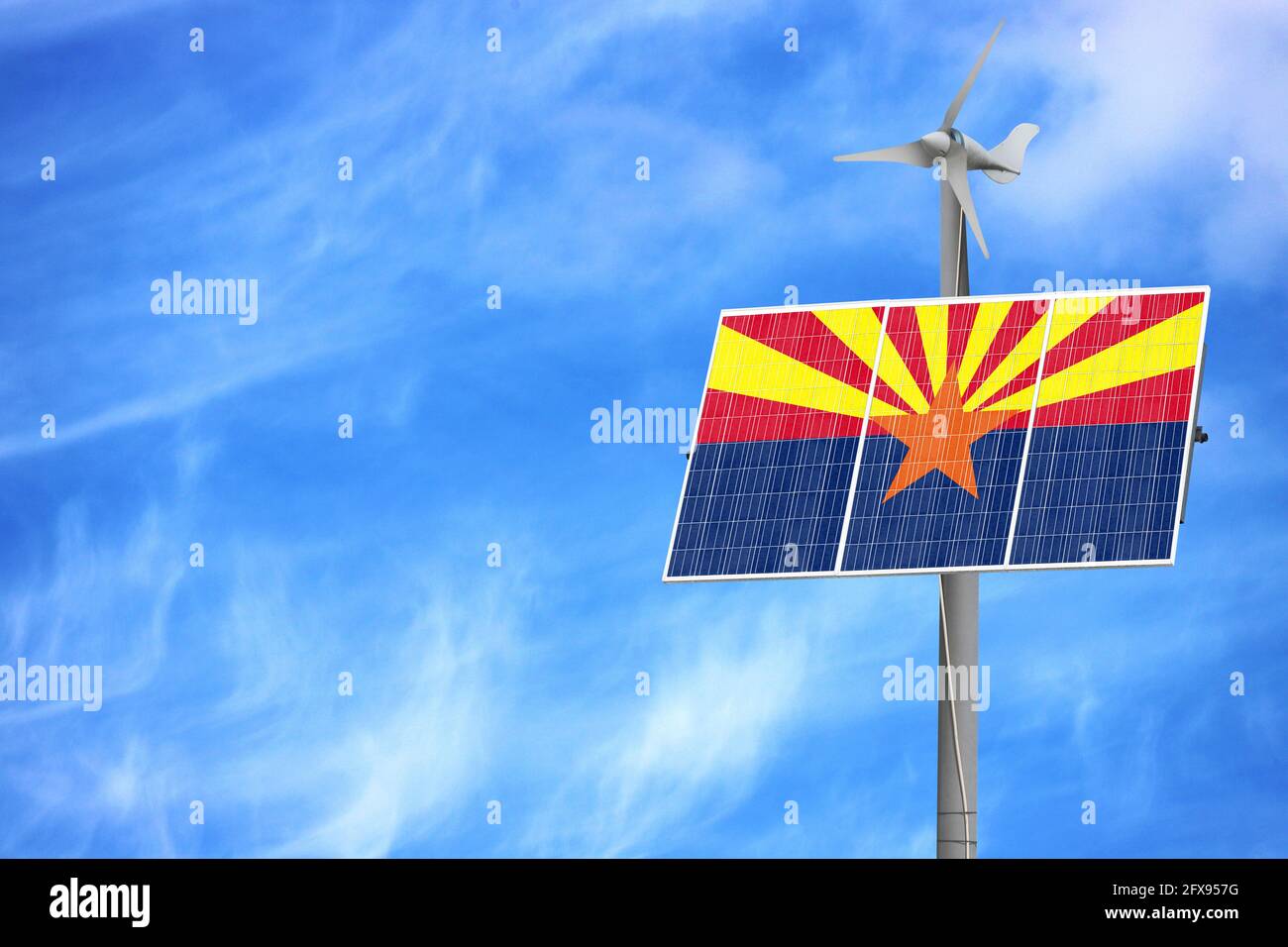 Solar panels against a blue sky with a picture of the flag State of ...