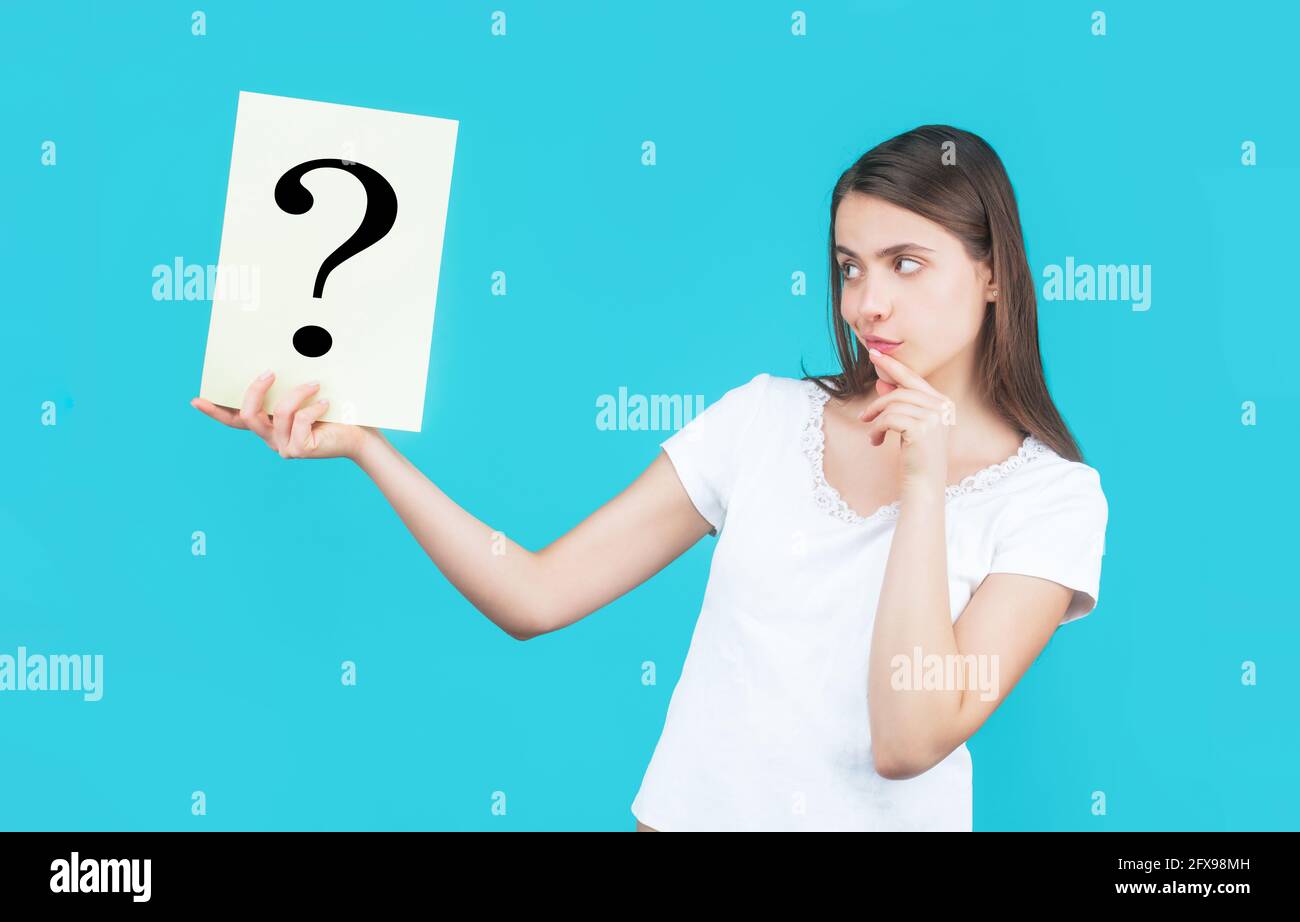 Girl question. Woman with doubtful expression and question marks ...