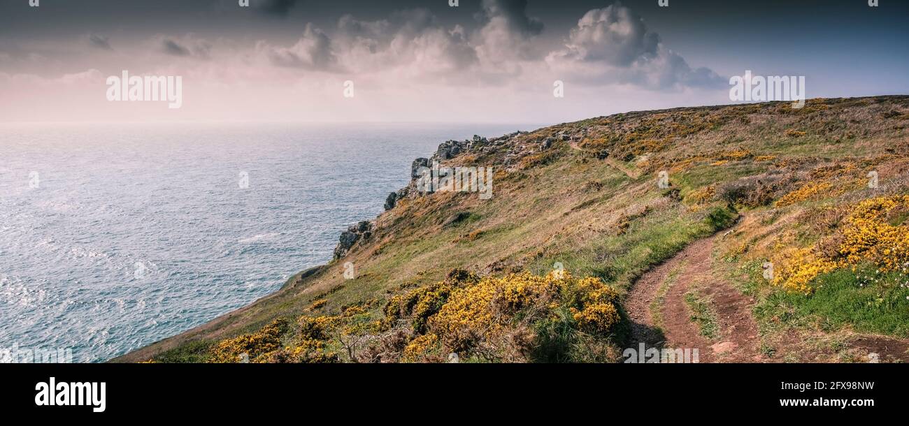 A panoramic image of the wild rugged coastal scenery of Zennor Head in ...