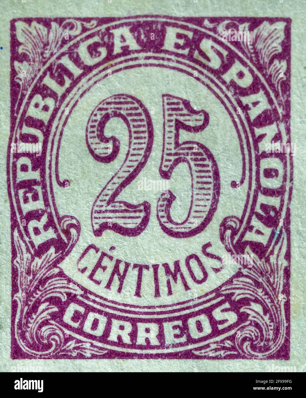 Closeup view of a Postage Stamp of 25 centimos of the Republic of Spain ...