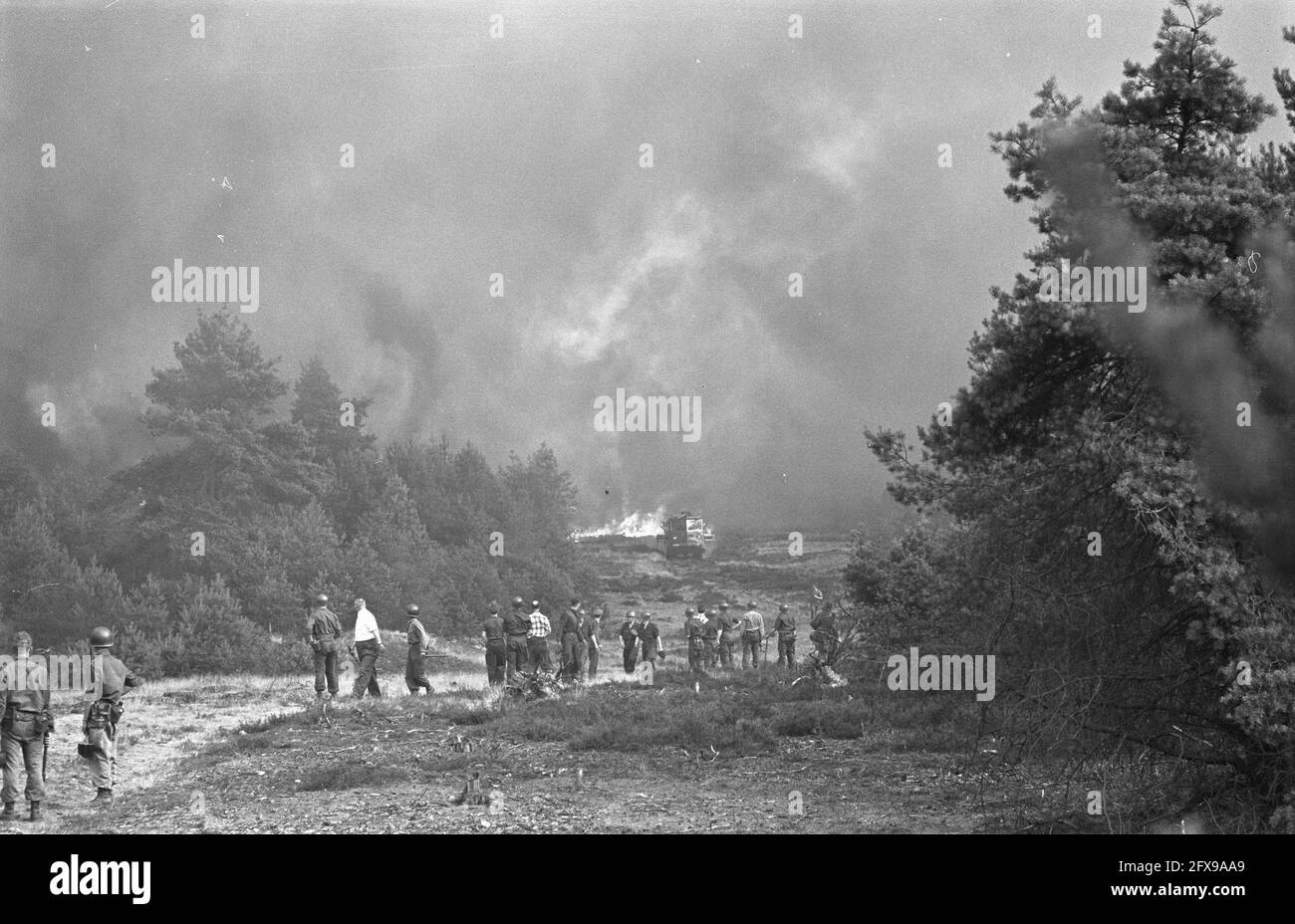Forest fire north of Arnhem. Fire engine narrowly escapes the flames ...