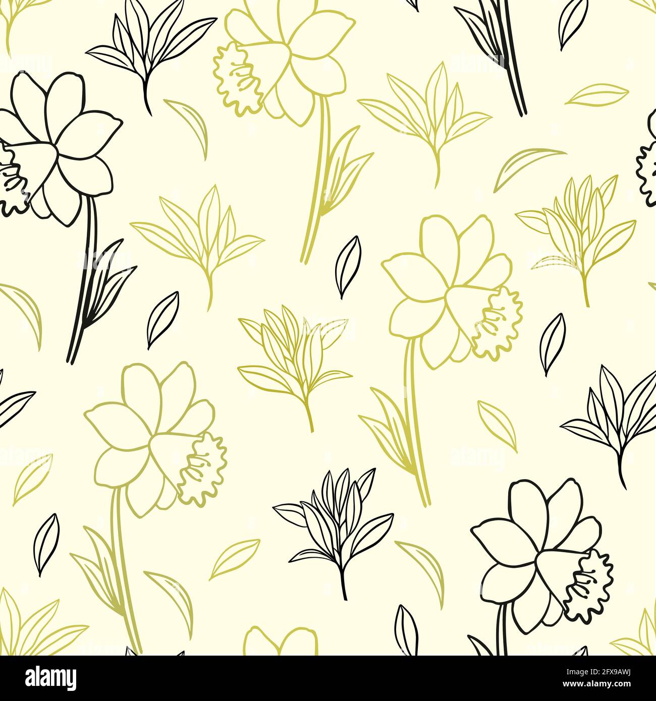 Seamless pattern with gold and black daffodils flowers. Botanical ...