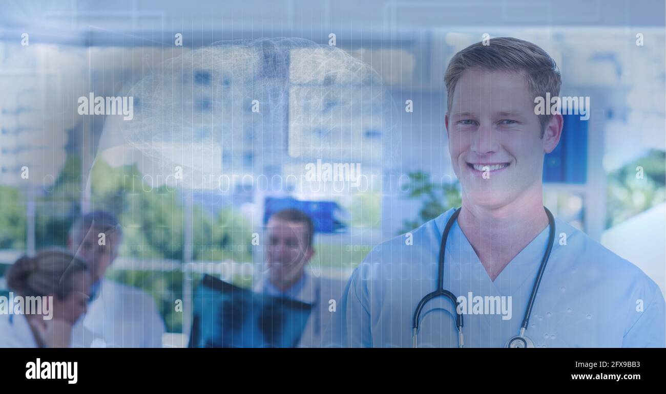 Composition of medical data processing over smiling male doctor in ...