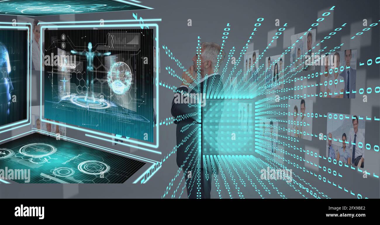 Composition Of Binary Coding Over Businessman Looking At Screen With Medical Digital Data Stock 