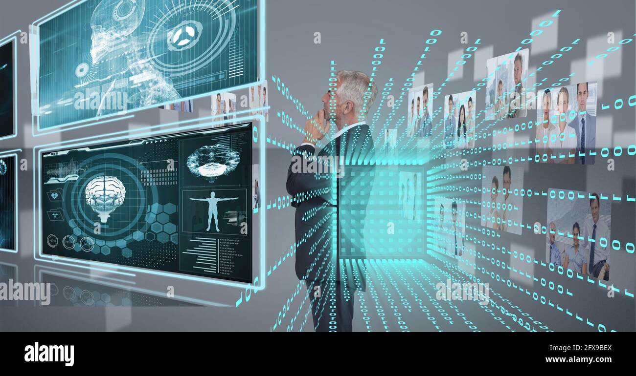 Composition Of Binary Coding Over Businessman Looking At Screen With Medical Digital Data Stock