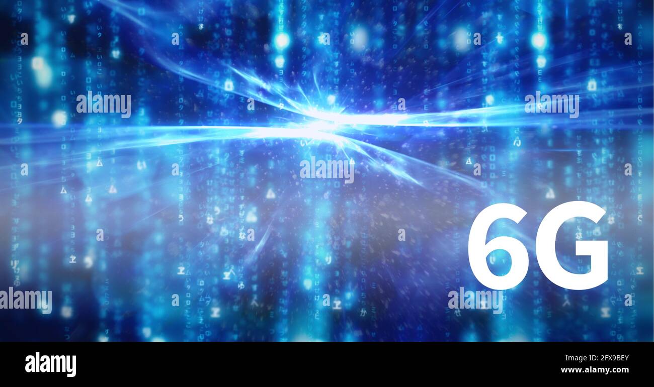 Composition of 6g in white text over glowing blue lights on dark blue background Stock Photo - Alamy