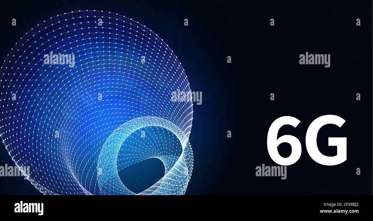 Composition of 6g text over network of glowing blue connections on black background Stock Photo ...