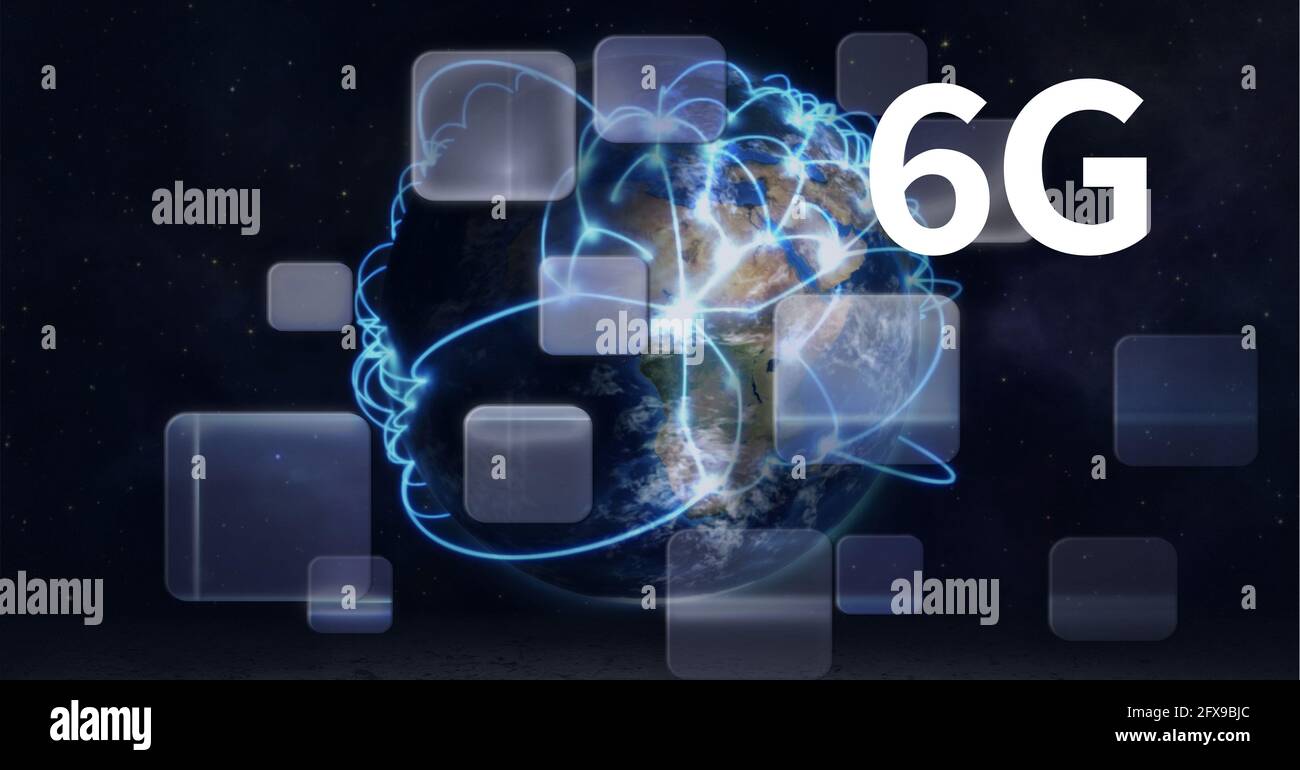 Composition of 6g text and multiple screens over globe with network of ...