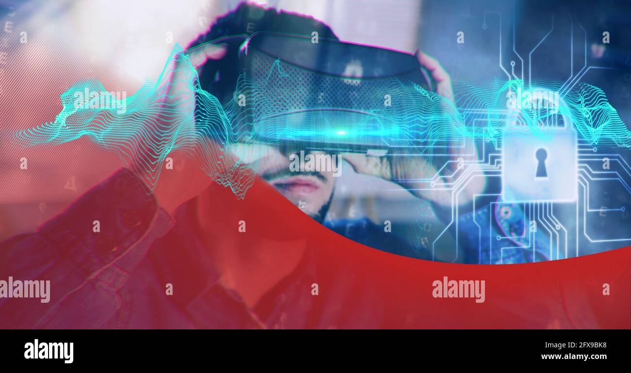 Composition of blue light trails and online security padlock over man ...