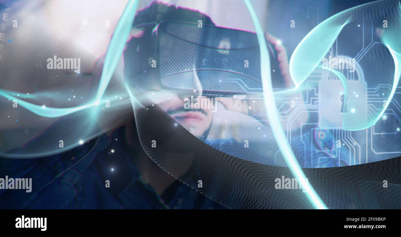 Composition of blue light trails and online security padlock over man ...