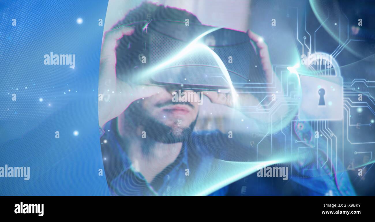 Composition of blue light trails and online security padlock over man ...